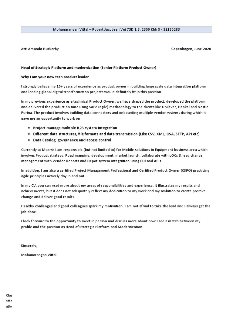 Cover Letter Head of Strategic Platform and Modernisation - Sample | PDF