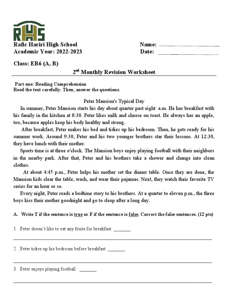 EB6 2nd Monthly Revision Worksheet | PDF