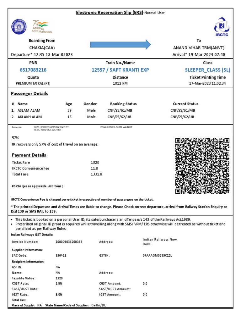 Electronic Reservation Slip (ERS) for a Sleeper Class Train Ticket from ...