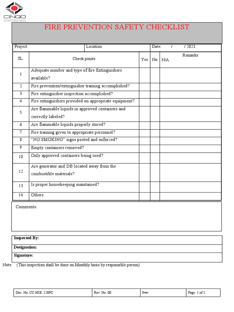 Fire Prevention Safety Checklist | PDF