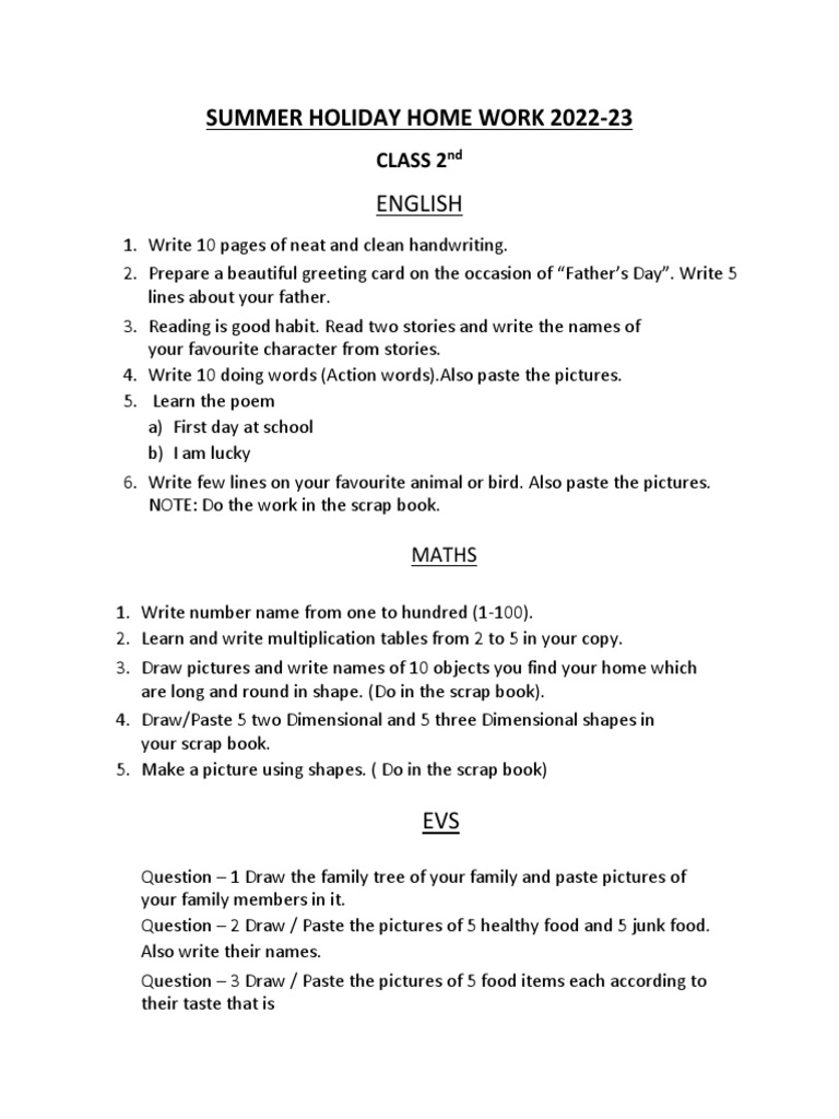 Class 2 Summer Holiday Homework 2022-23 | PDF | Books | Notebook