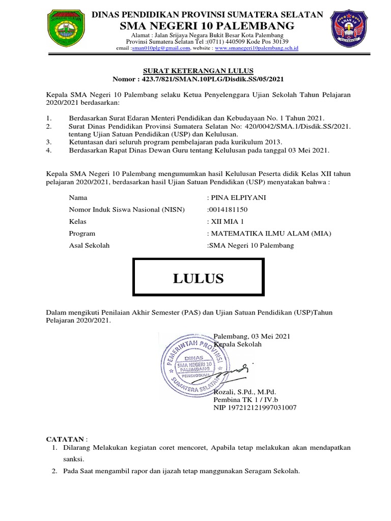 Surat Keterangan Lulus SMA 10 Palembang | PDF