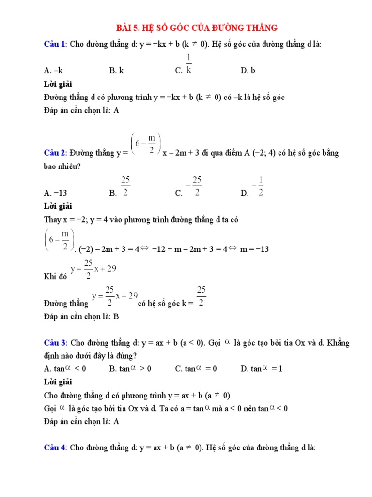 Trac Nghiem He So Goc Cua Duong Thang y Ax B Co Dap An Toan Lop 9 | PDF