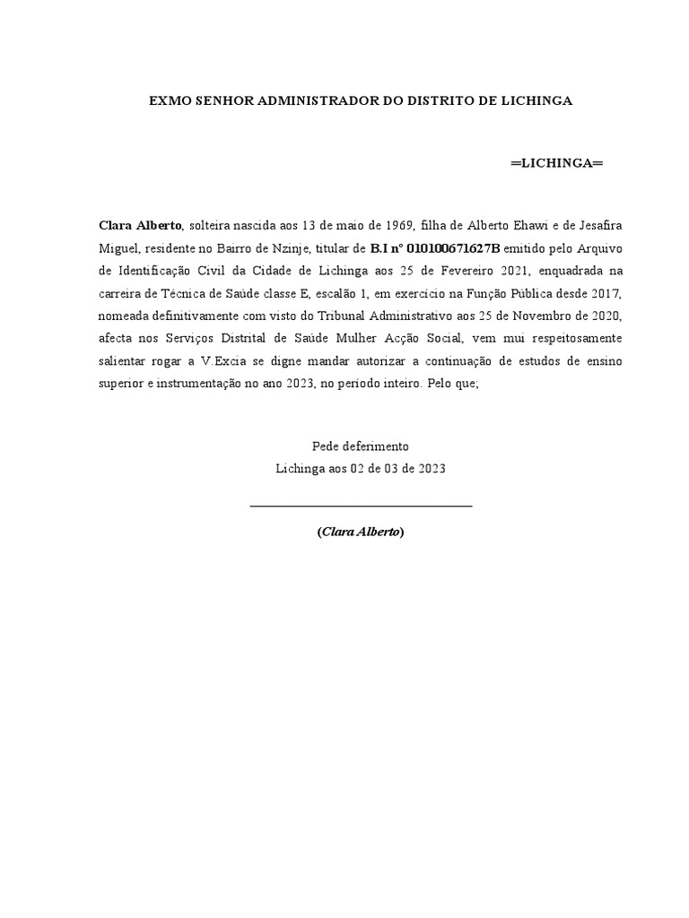 Exmo Senhor Administrador Do Distrito de Lichinga | PDF