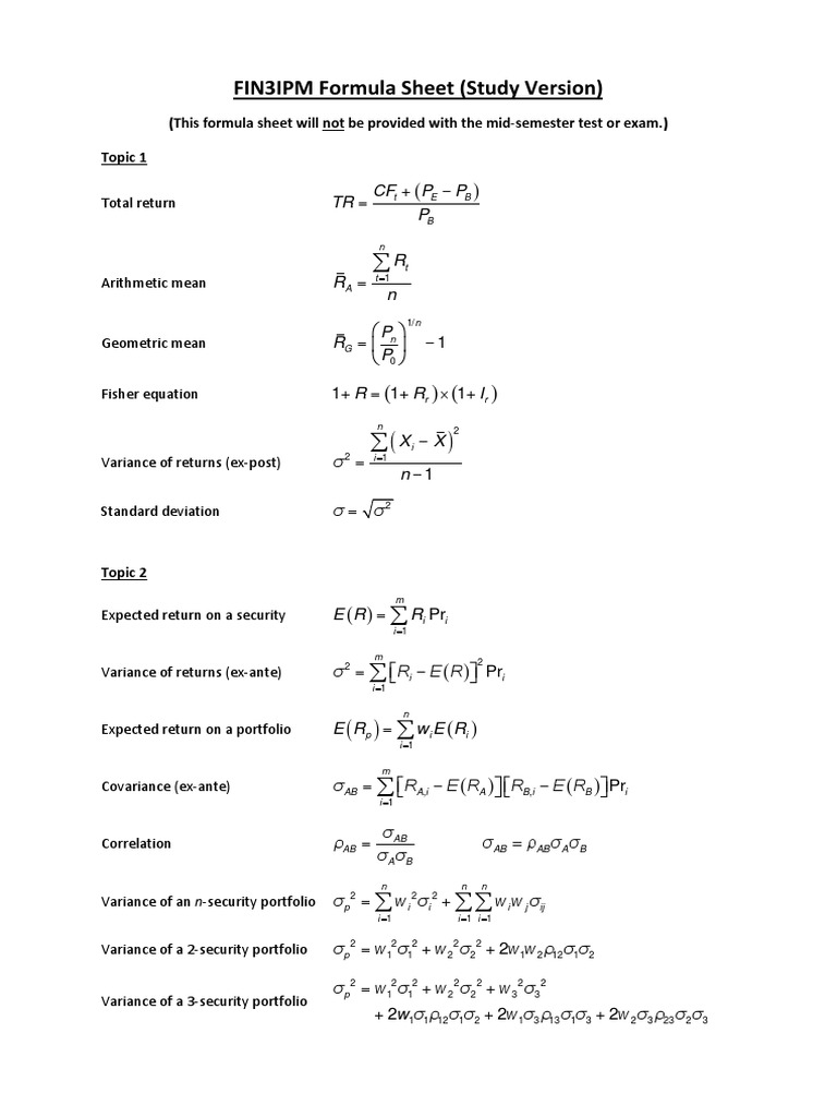 Formula Sheet - Study Version. - Portfolio Management PDF | PDF ...