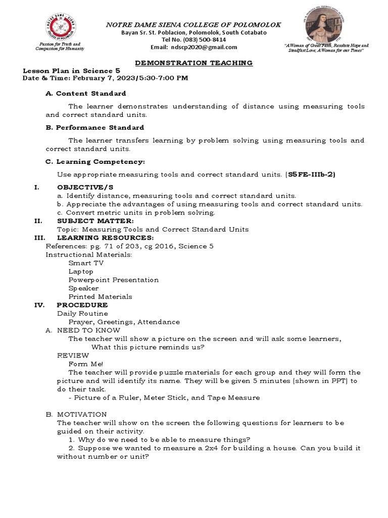 Sample Lesson Plan in Science 5 English Instruction | PDF | Measurement ...