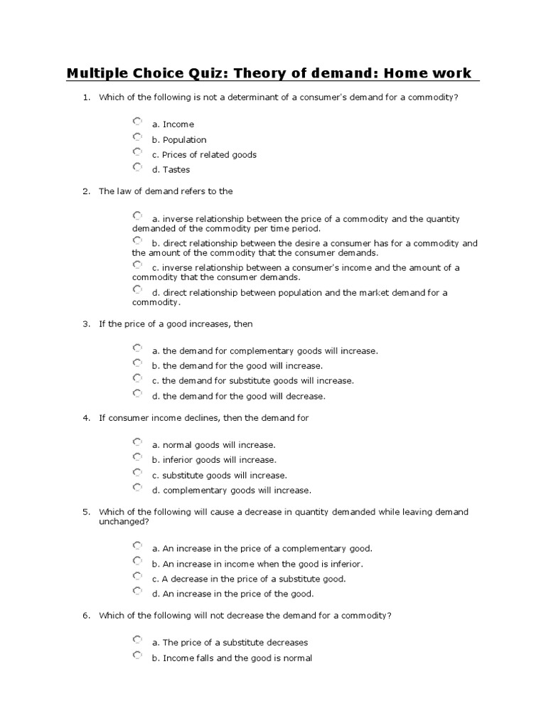 Multiple Choice Quiz Theory of Demand | PDF | Demand | Price Elasticity Of Demand