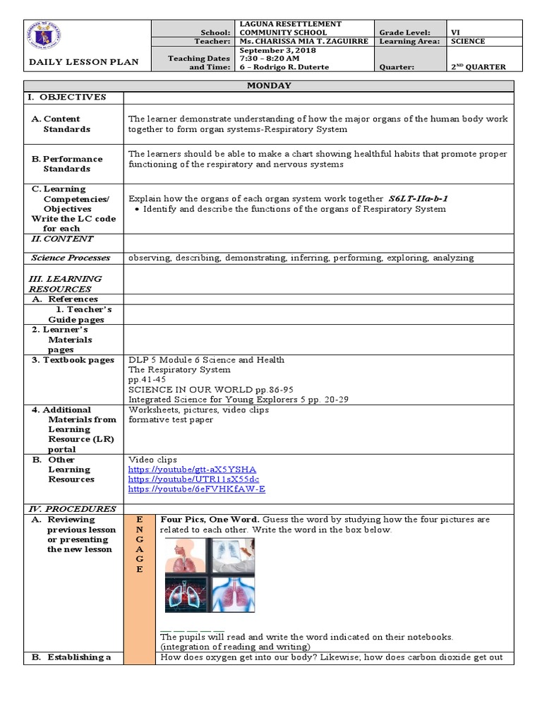 Lesson Plan in Science 1.1 | PDF | Respiratory Tract | Respiratory System