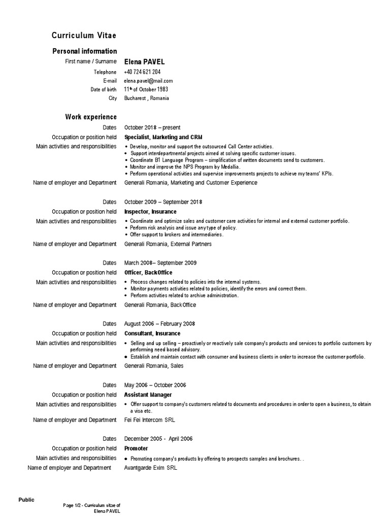 Elena Pavel - CV Eng-6 PDF | PDF | Customer | Business