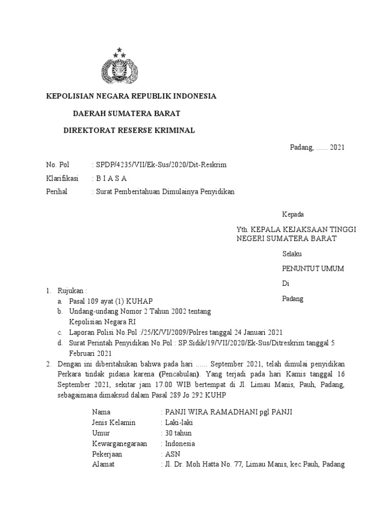 4.surat Pemberitahuan Dimulainya Penyidikan | PDF