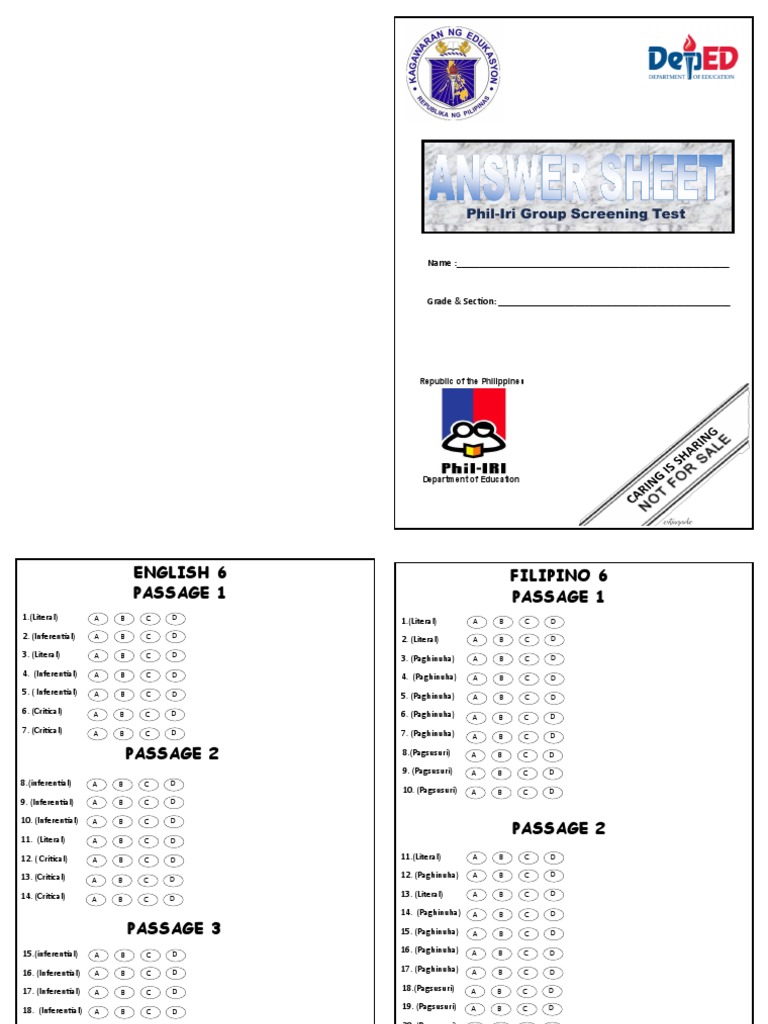 Phil-Iri Answer Sheet For Sharing | PDF