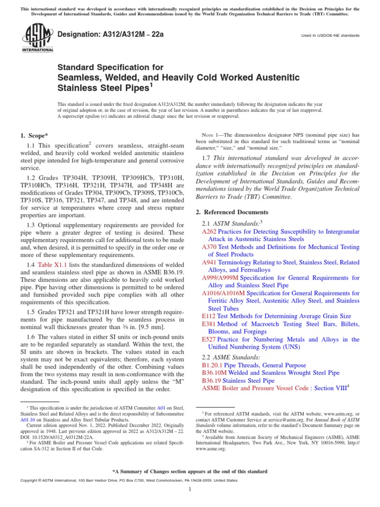 ASTM A312 - A312M - 22a | PDF | Pipe (Fluid Conveyance) | Stainless Steel