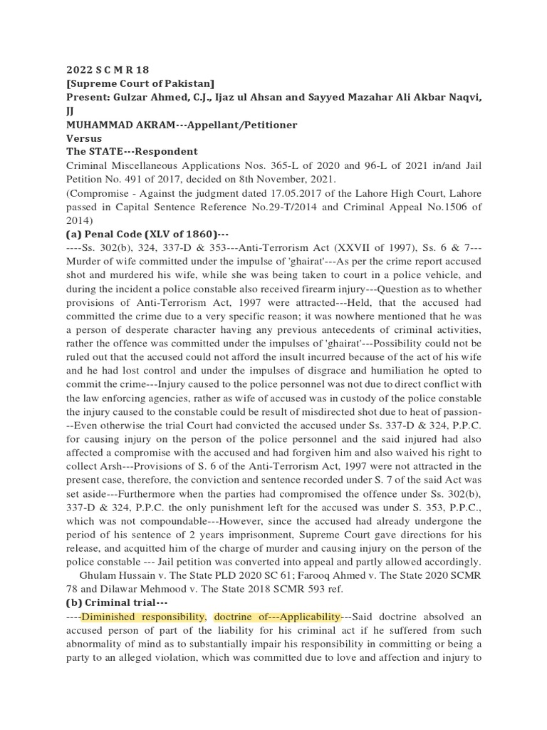 2022 S C M R 18 - Doctrine of Diminished Responsibility | PDF | Insanity Defense | Judiciaries