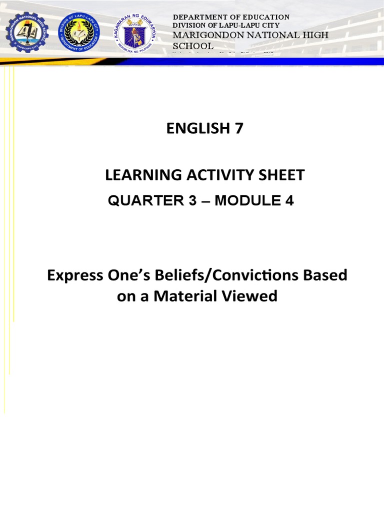 English 7 Learning Activity Sheet: Quarter 3 - Module 4 | PDF | Cognition