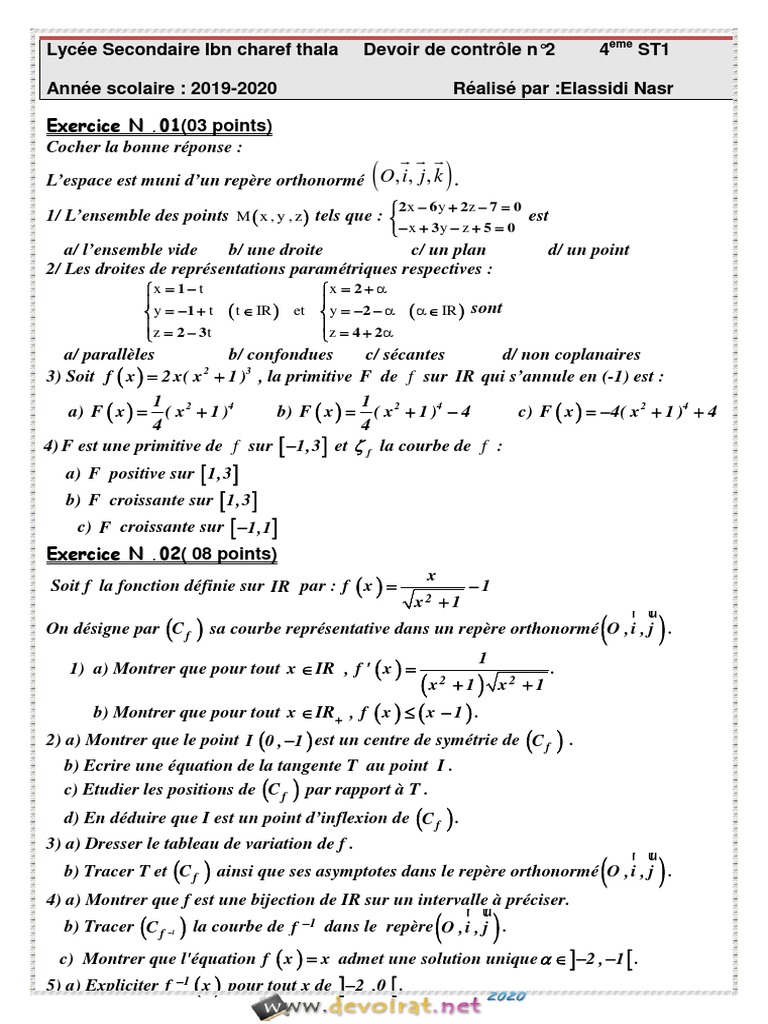 Correction Devoir Math Bac Technique 2019 | PDF | Courbe | Géométrie ...