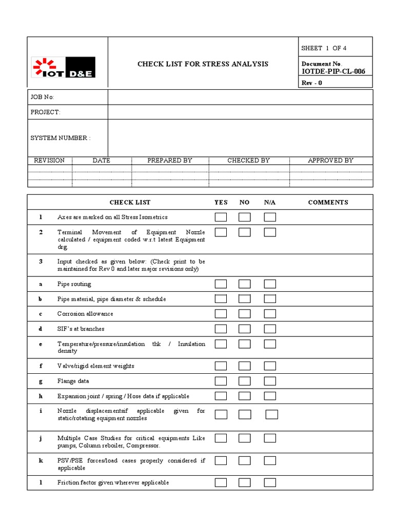 IOTDE-PIP-CL-006 Rev 0 Check List For Stress Analysis | PDF | Pipe ...