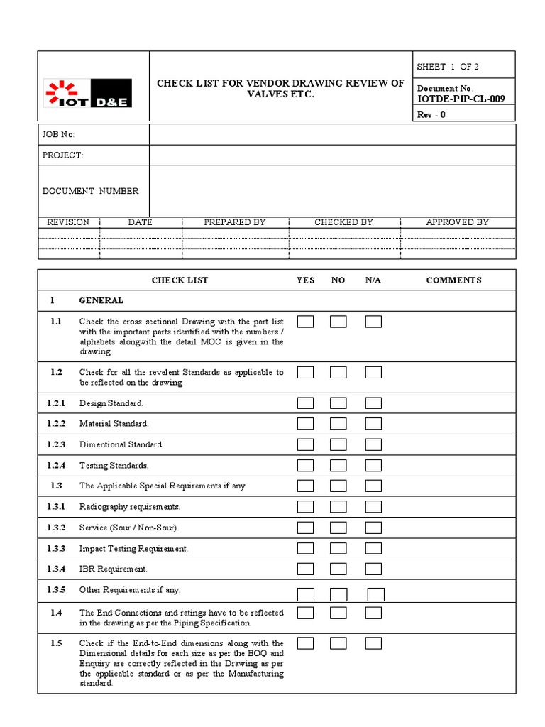 IOTDE-PIP-CL-009 Rev 0 Check List For Vendor Drawing Review of Valves ...