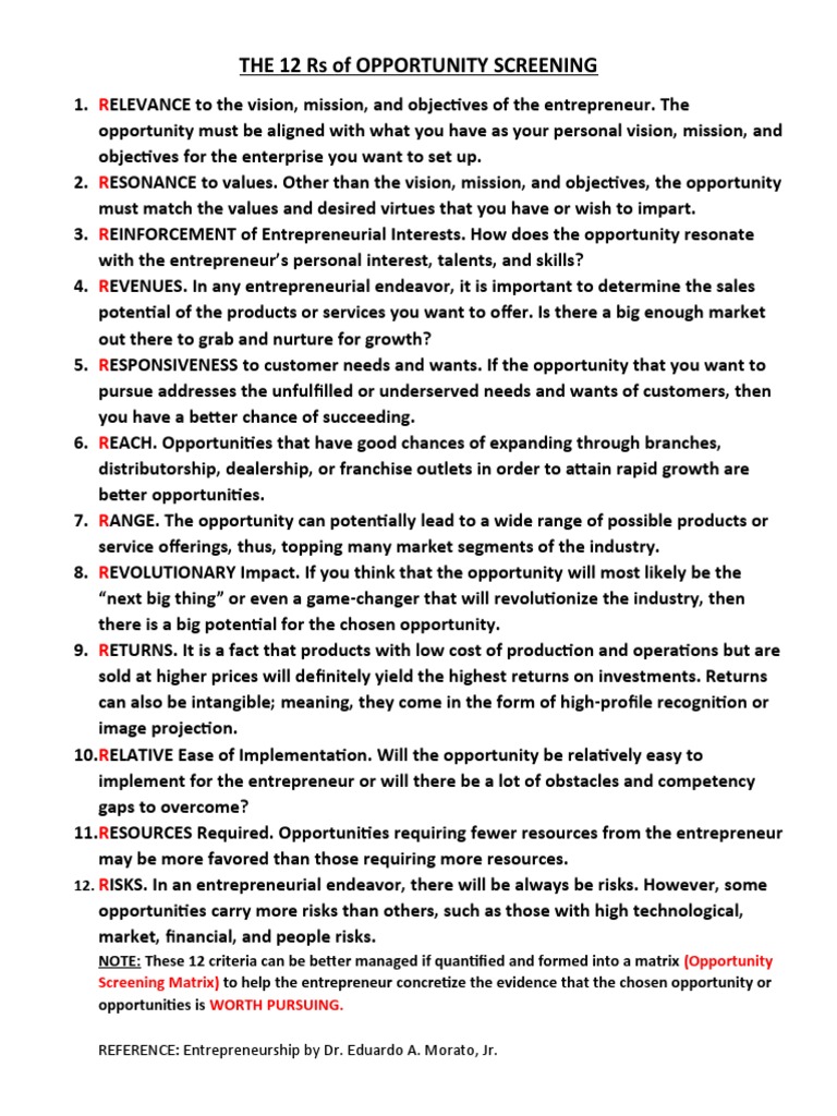 THE 12 Rs of OPPORTUNITY SCREENING | PDF | Entrepreneurship | Strategic Management