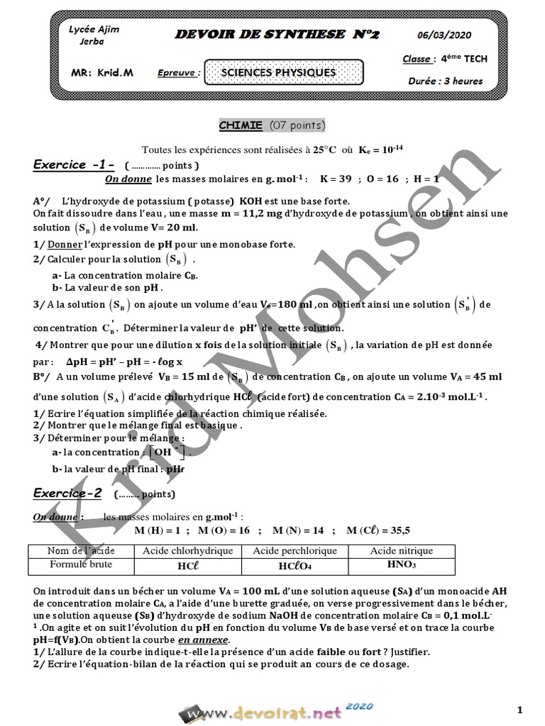 Devoir de Synthèse N°2 - Sciences Physiques - Bac Technique (2019-2020) MR Krid Mohsen | PDF ...
