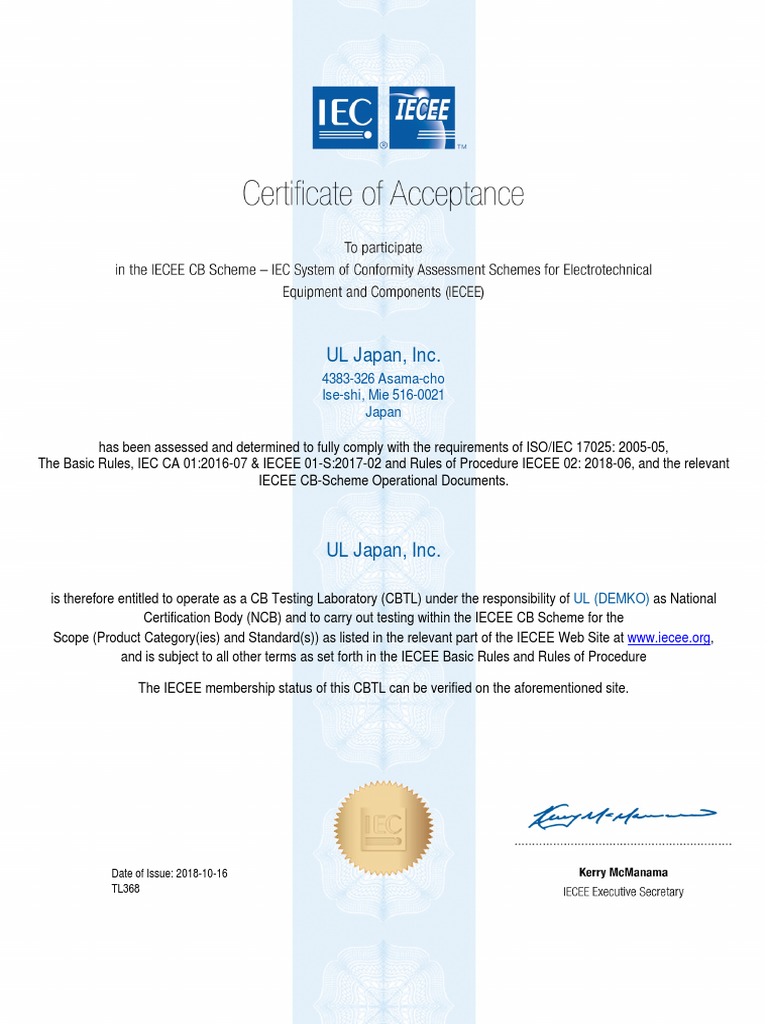 Certification of UL Japan, Inc. as a CB Testing Laboratory within the ...