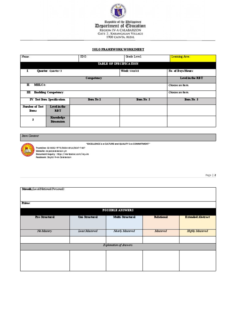 SOLO Framework Assessment Worksheet | PDF
