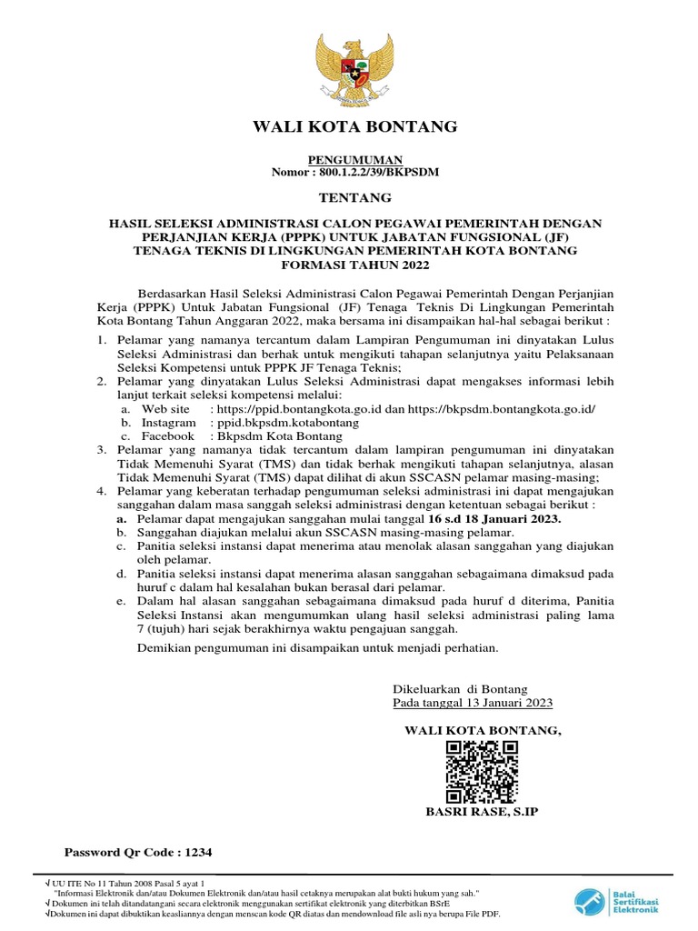 Pengumuman Hasil Seleksi Administrasi PPPK Tenaga Teknis Bontang Formasi Tahun 2022 PDF | PDF