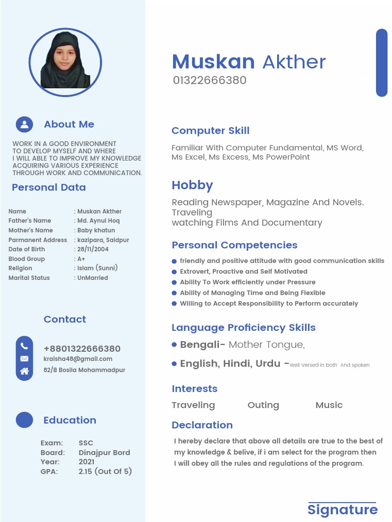 Muskan Akther's Personal Profile | PDF