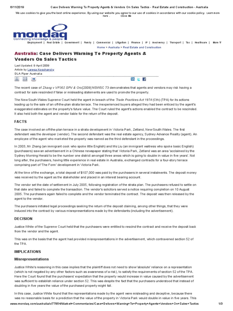 Australia:: Case Delivers Warning To Property Agents & Vendors On Sales ...