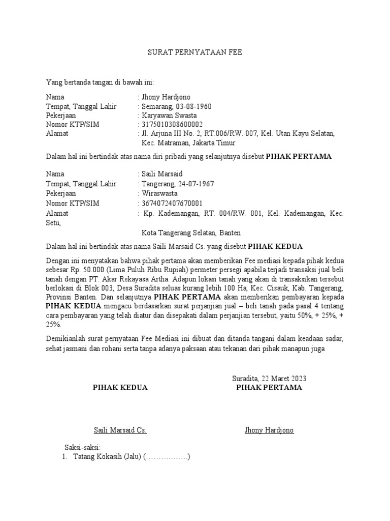 Surat Perjanjian Fee | PDF