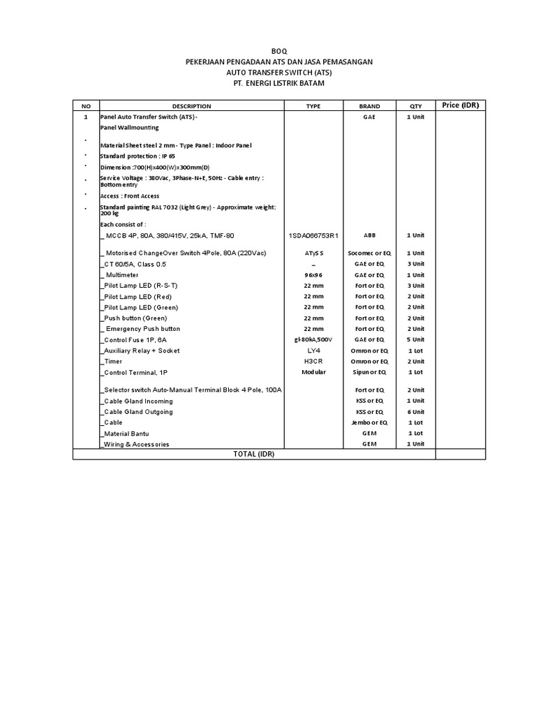 Boq Ats | Download Free PDF | Electric Power | Electrical Wiring