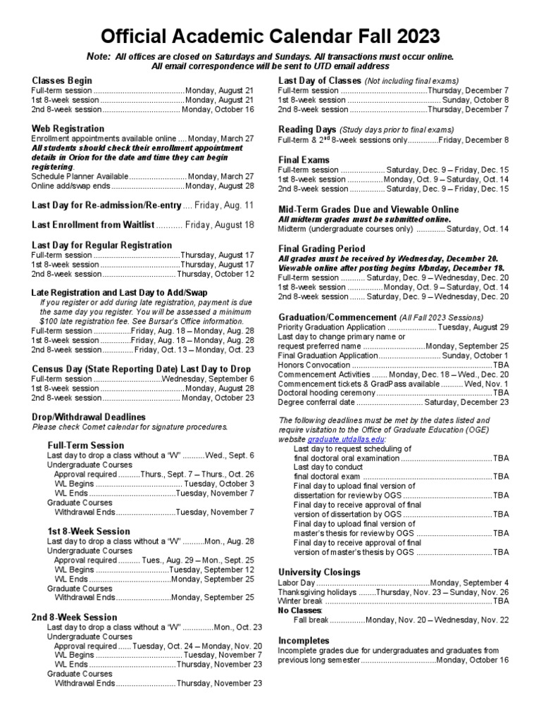 Fall 2023 Academic Calendar Overview | PDF | Academic Term | Academia
