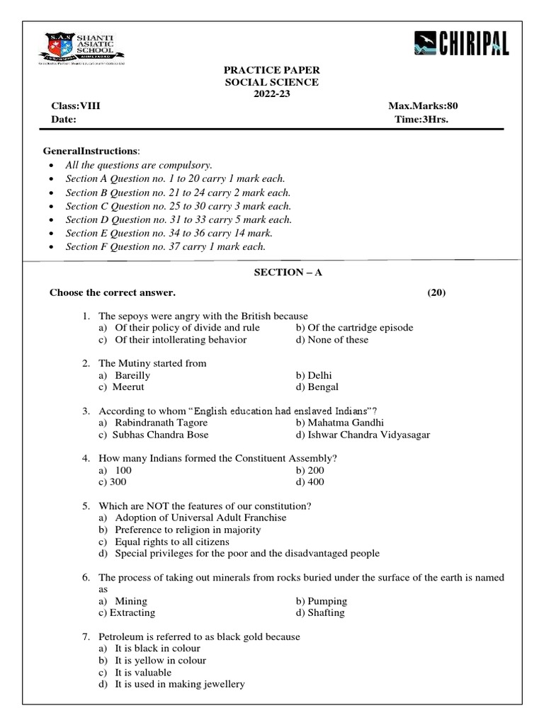 Practice Paper Social Science 2022-23 Class:VIII Max - Marks:80 Date ...