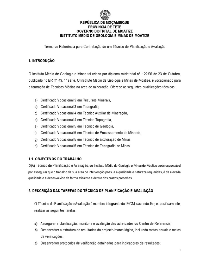 Termo de Referência para Contratação de um Técnico de Planificação e ...