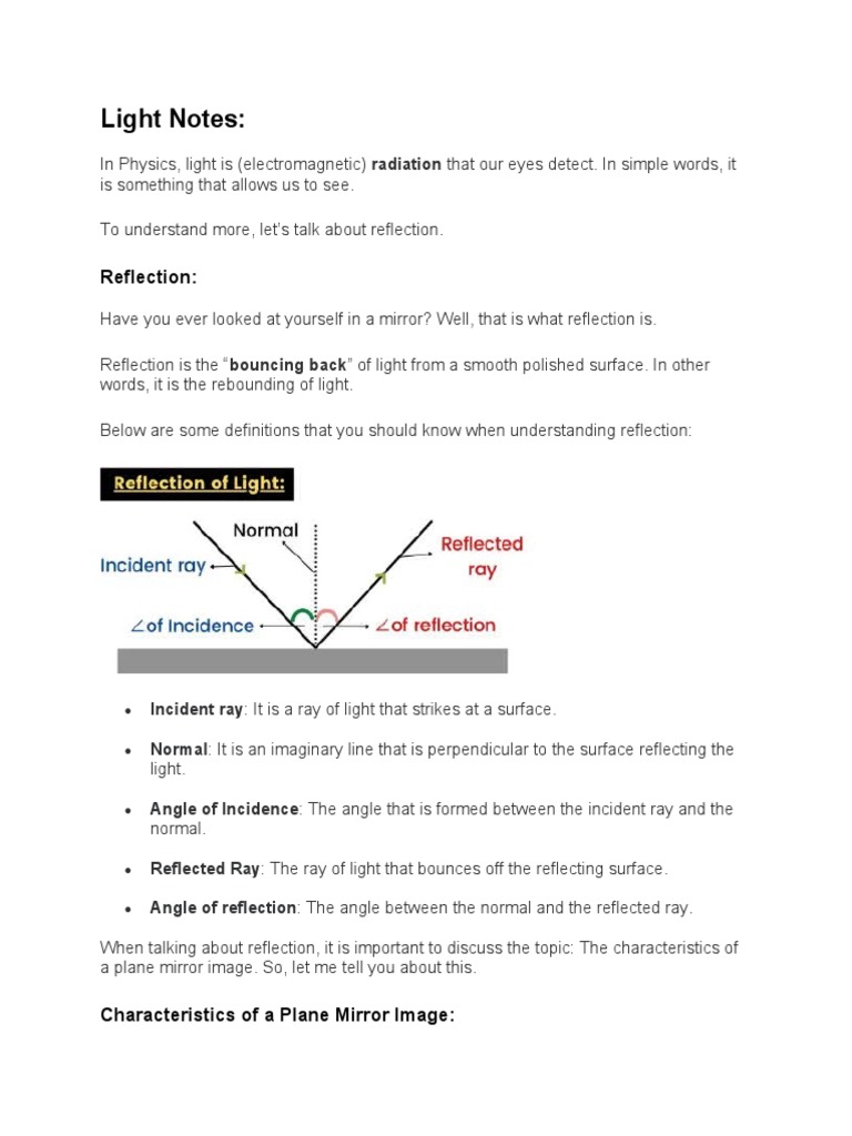 Light Notes | PDF | Reflection (Physics) | Optics