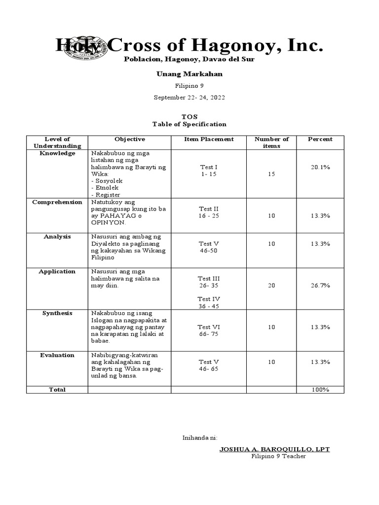 Unang Markahan - TOS - Filipino 9 | PDF