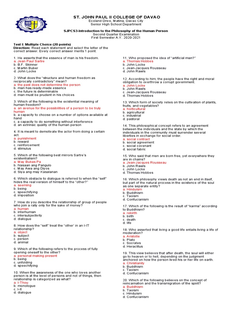 Answer Key 2nd Quarter Exam Introduction To The Philosophy of The Human Person PDF Free | PDF ...