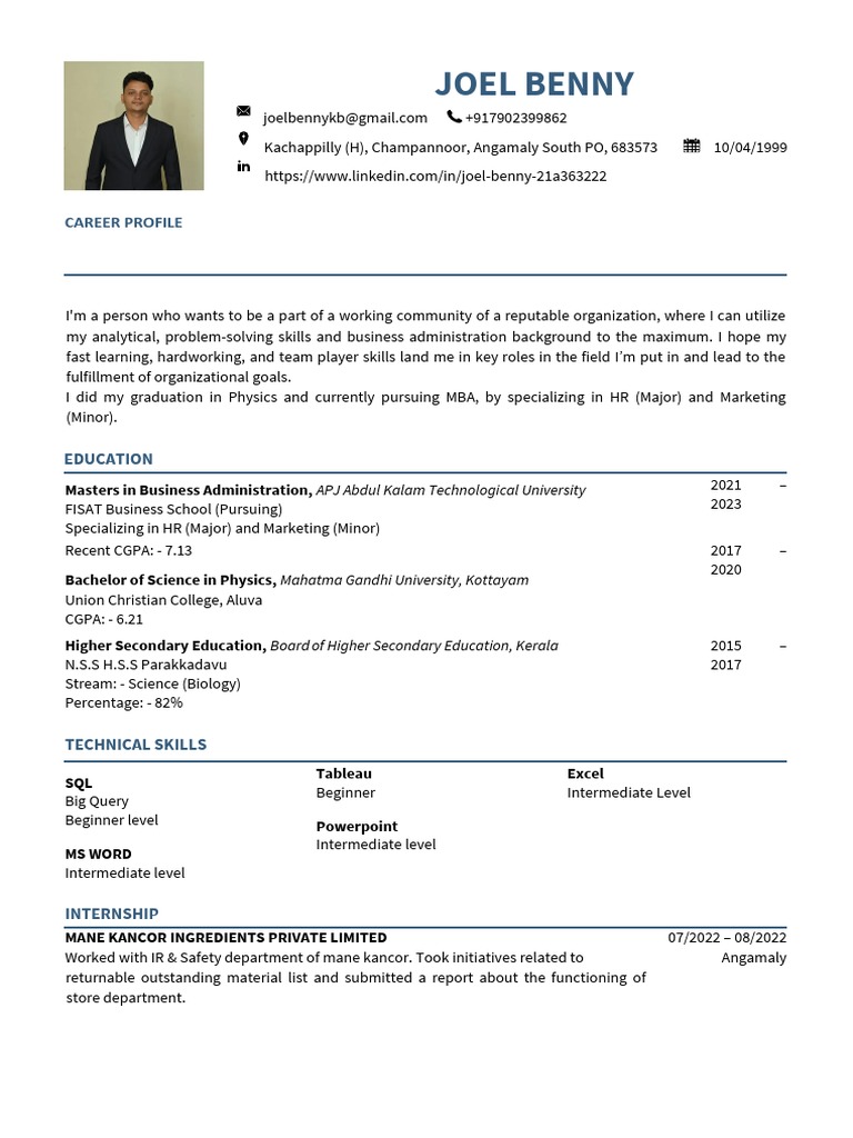 JOEL BENNY Resume Word D | PDF | Cognitive Science | Learning