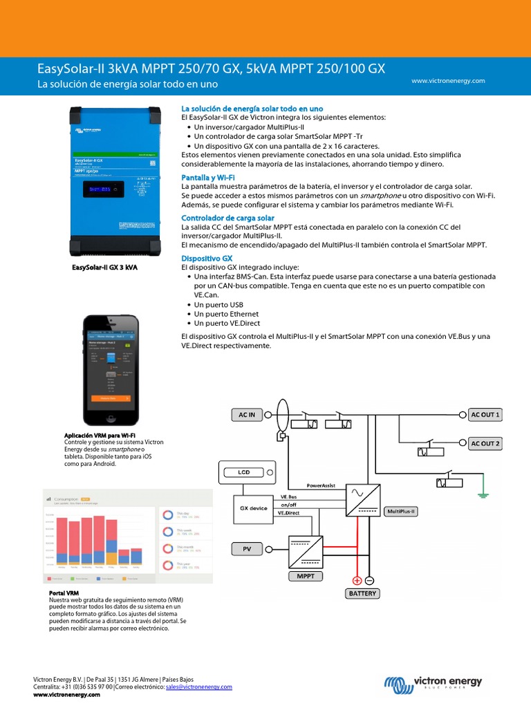 Datasheet EasySolar II 24V 48V 3kVA 48V 5kVA MPPT 250 70 100 GX ES | PDF | Cargador de batería ...