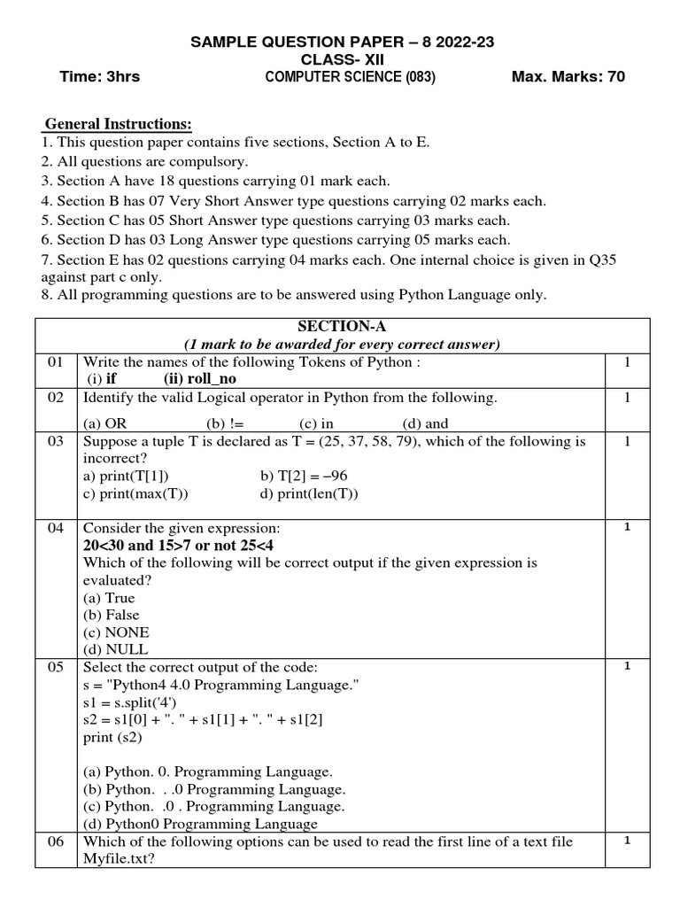 Sample Question Paper - Class XII Computer Science | PDF | Parameter (Computer Programming ...