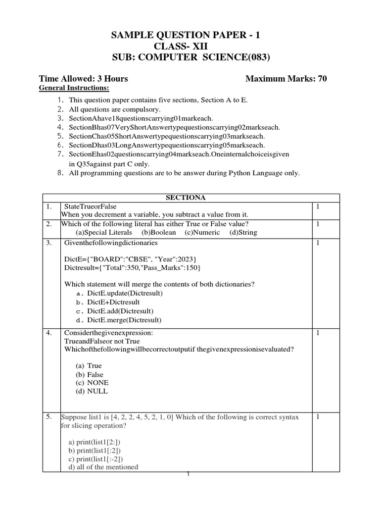 Sample Question Paper - 1 Class-Xii Sub: Computer Science | Download Free PDF | Parameter ...