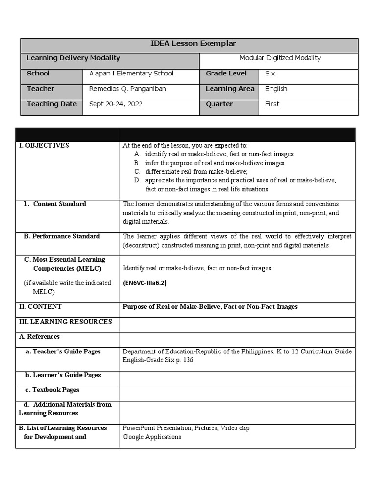 Lesson Exemplar Q1 W2 RQP | PDF | Learning | Image