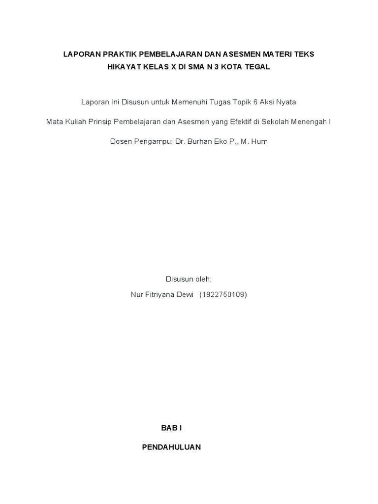 Laporan Praktik Pembelajaran Dan Asesmen Materi Teks Hikayat Kelas X Di