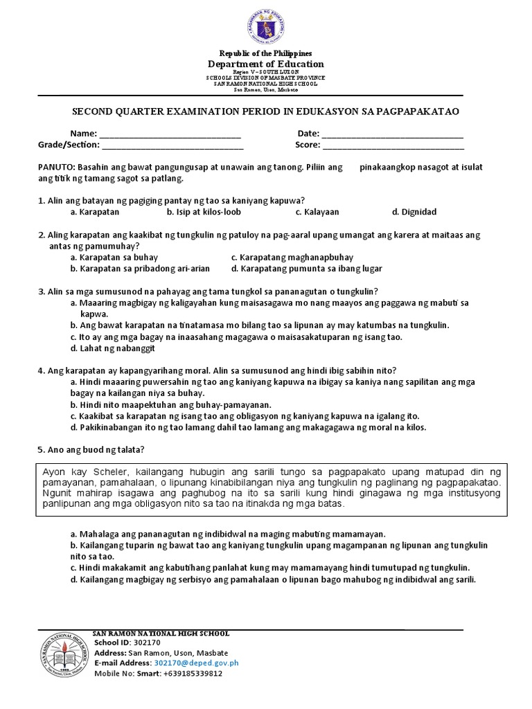 Esp 9 2nd Quarter Examination Period | PDF