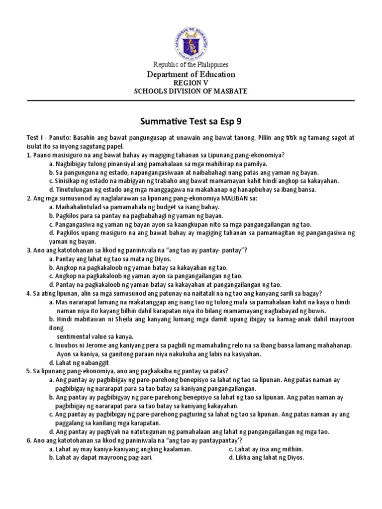 Summative Test Sa Esp 9 Week 2 (Quarter 1) | PDF