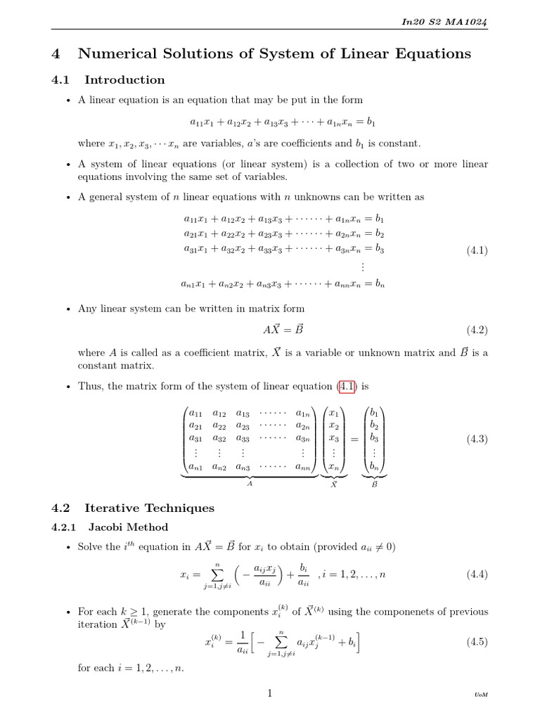 Note 4 Numerical Solutions To System Of Linear Eqns Pdf Matrix Mathematics System Of