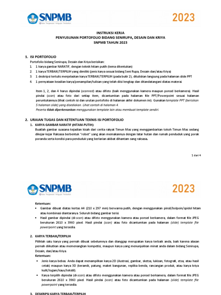 01 Instruksi Kerja Portofolio SRDSKR - SNBP 2023 (Final) | PDF | Seni