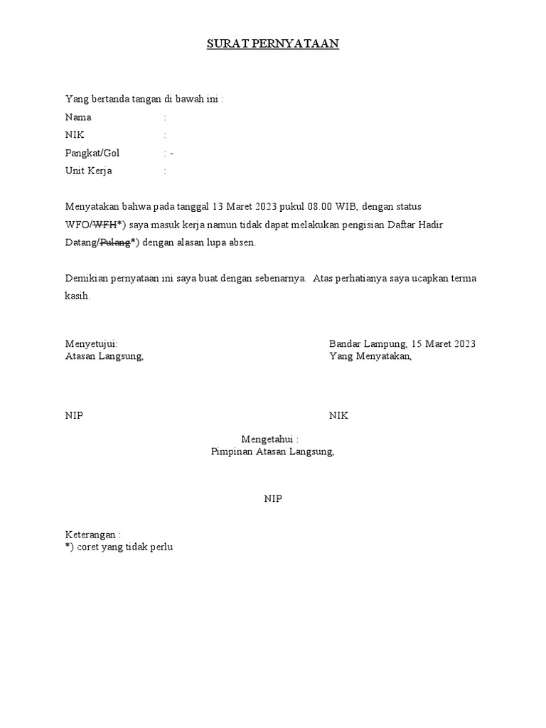 Surat Pernyataan Lupa Absen TERBARU Ok | PDF