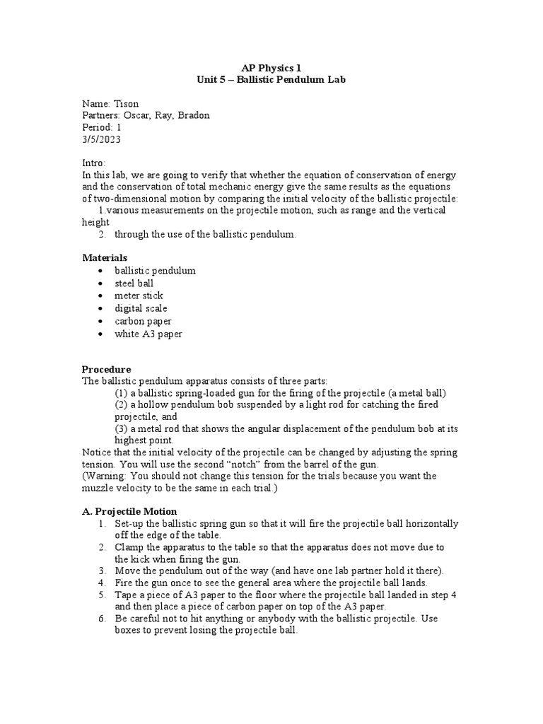 Analyzing Projectile Motion Through the Ballistic Pendulum Lab | PDF ...