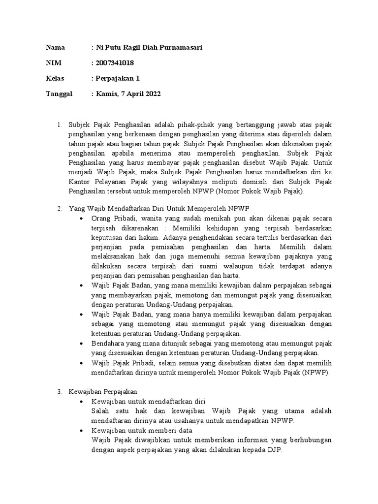 Praktikum PPH Orang Pribadi Ni Putu Ragil Diah Purnamasari 2007341018 | PDF