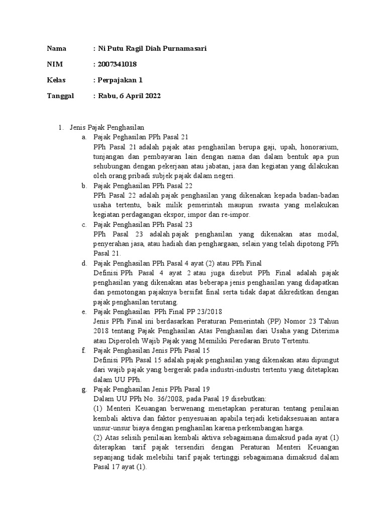 Praktikum PPH Pemotongan Atau Pemungutan Pajak Ni Putu Ragil Diah Purnamasari 2007341018 | PDF
